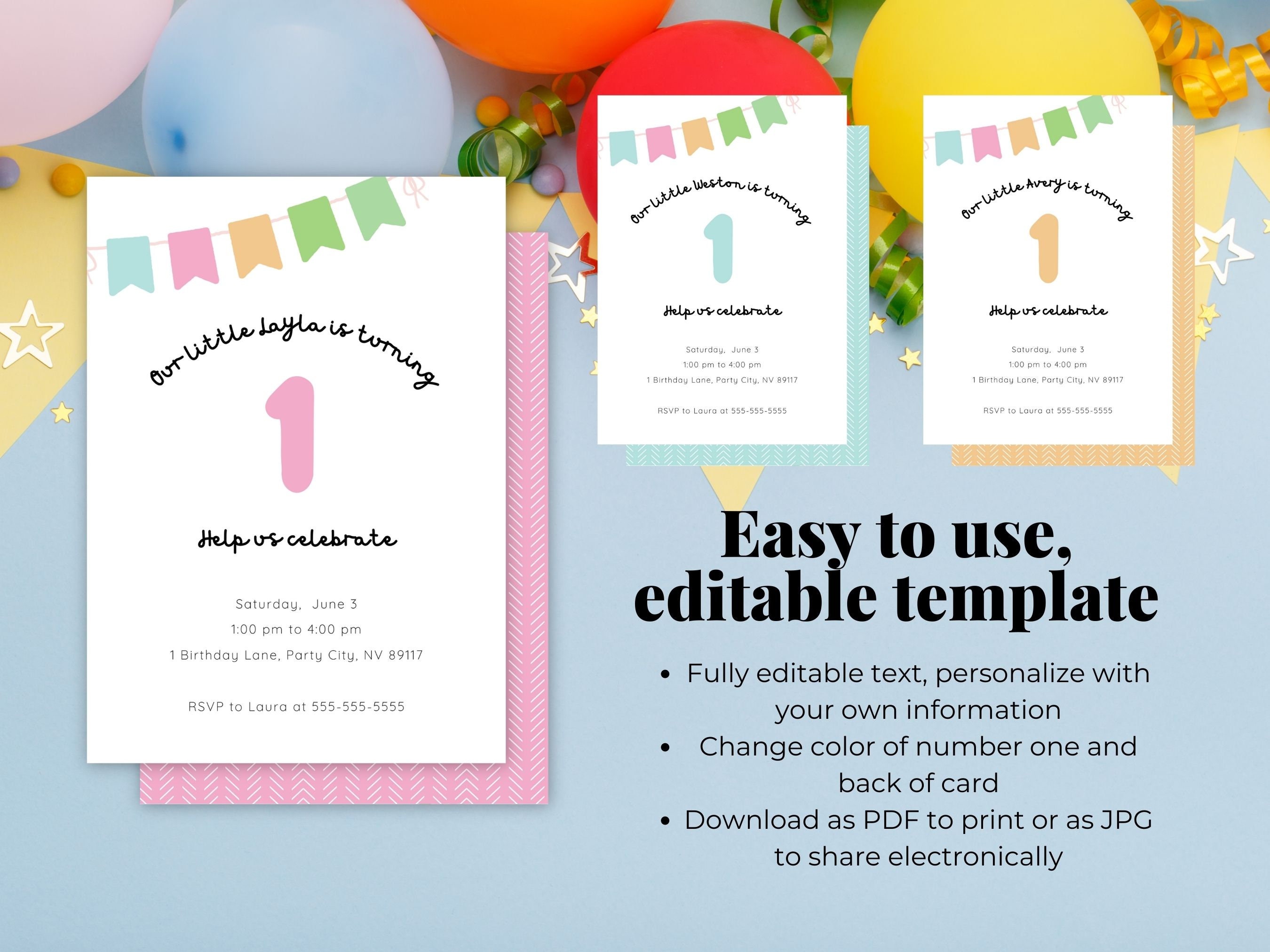 Editable Birthday Invitation, One Year Old Birthday Party, Pastel ...