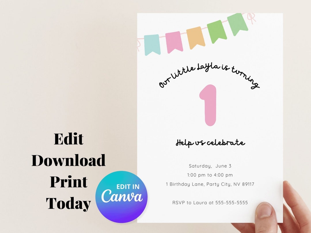 Editable Birthday Invitation, One Year Old Birthday Party, Pastel ...