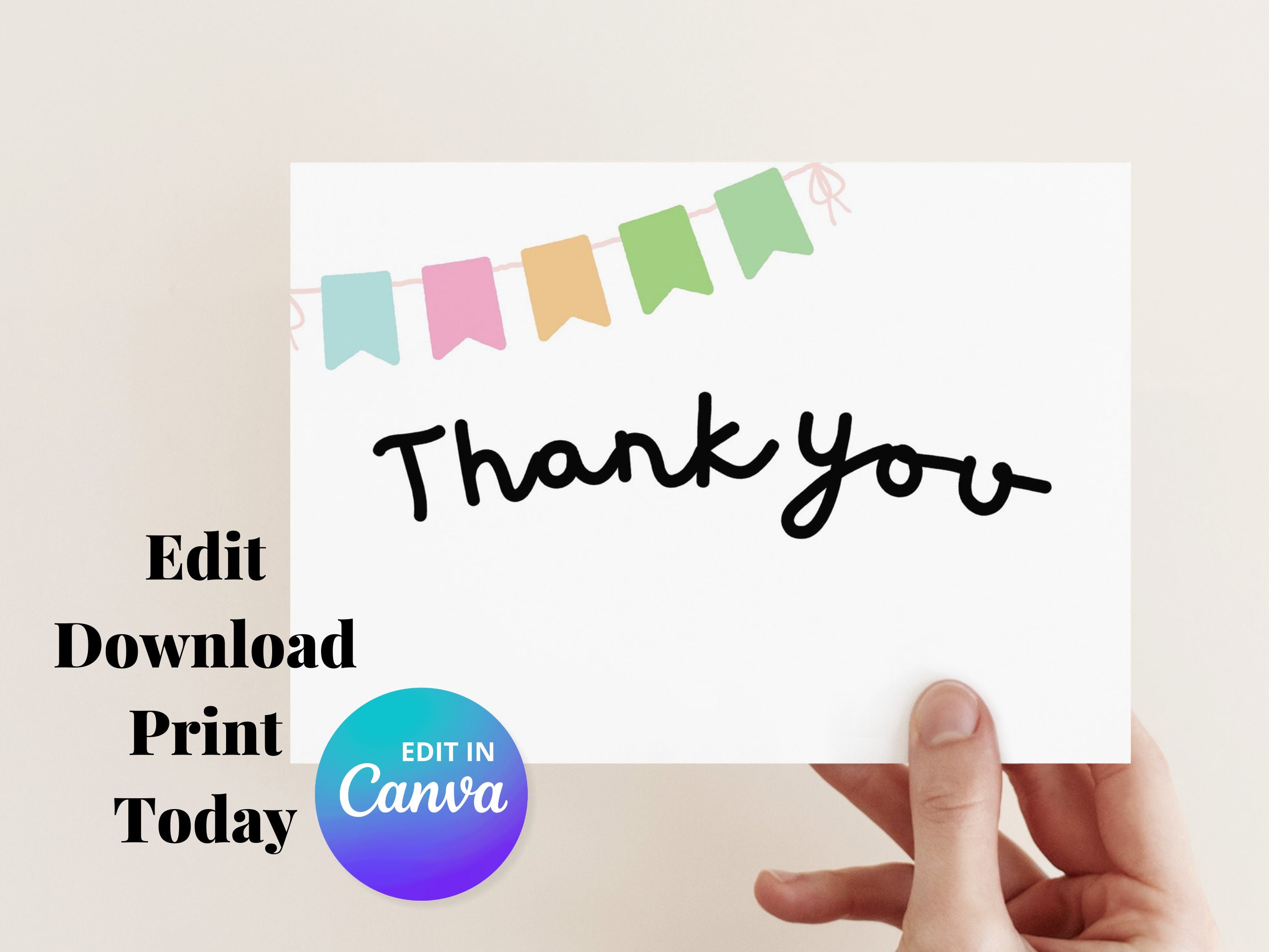Editable Thank You Card, Birthday Party Thank You Note, Pastel Thank ...