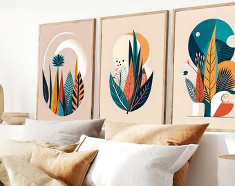 Boho Abstract Wall Digital Art Prints, Boho Wall Decor, Mid Century, Black, Beige, Green ...