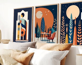 Boho Abstract Wall Digital Art Prints, Boho Wall Decor, Set of 3 Digital Prints, Mid Century ...
