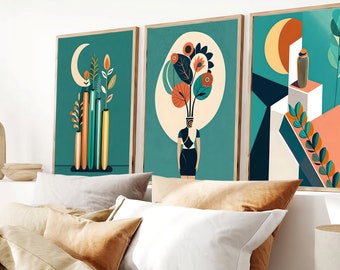 Boho Abstract Wall Digital Art Prints, Boho Wall Decor, Set of 3 Digital Prints, Mid Century ...