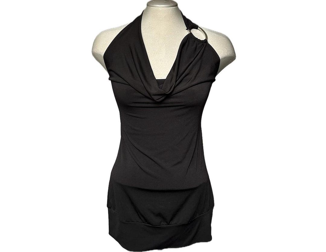Vintage Y2K Long Black Halter Top With Ring Detail - Small - Etsy
