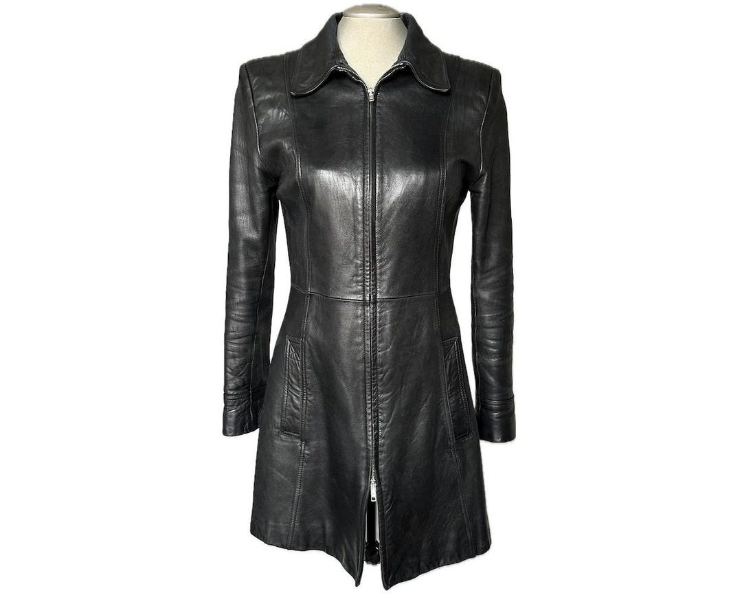Vintage 90’s Long Black Leather Jacket - Small - Etsy