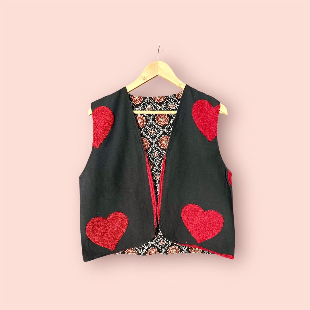 Reversible Vest With Heart Embroidery / Vintage Gilet Block Print and ...