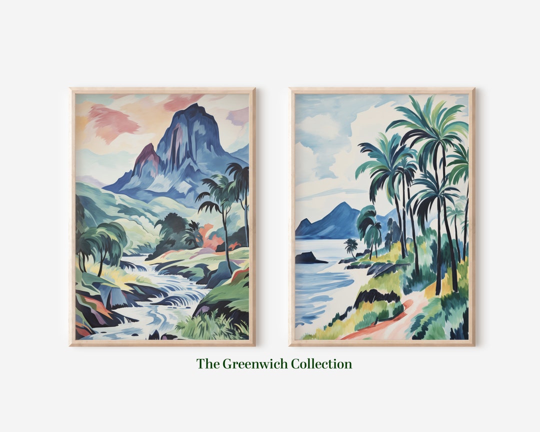 Tropical Printable Vintage Palm Trees Watercolor Painting, Hawaii Wall ...