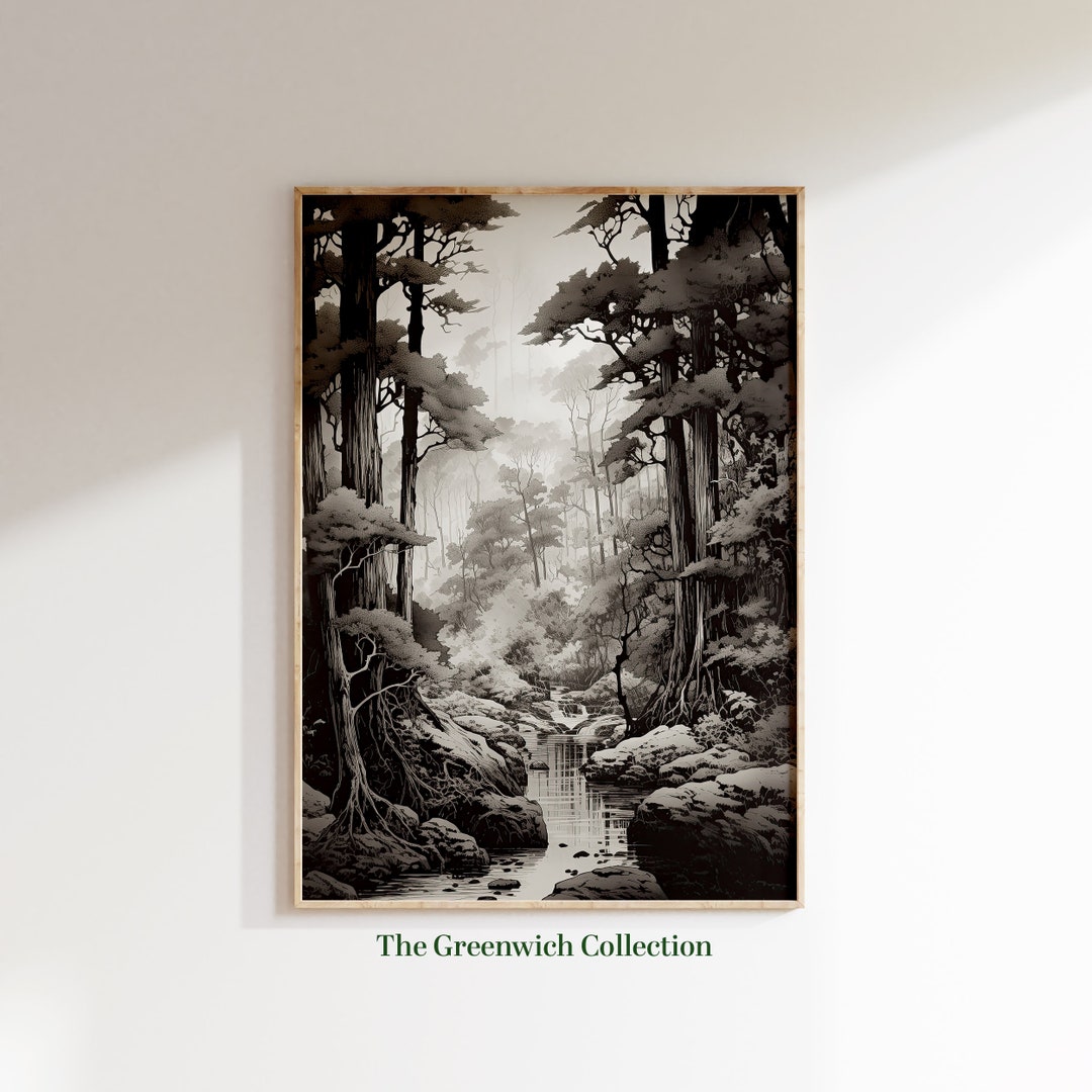 Japanese Printable Landscape Forest Wall Art, Antique Ink Art, Black ...