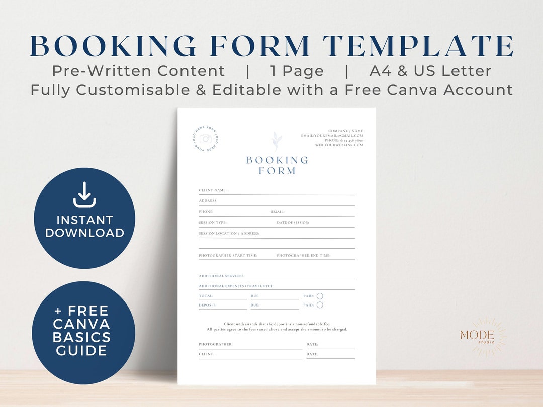 Photography Booking Template Photography Forms Canva Template Order ...