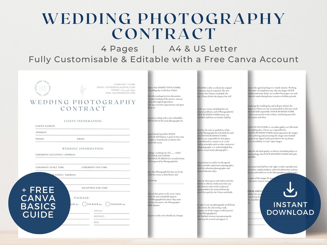 Wedding Photography Contract Template Editable Client Agreement for ...