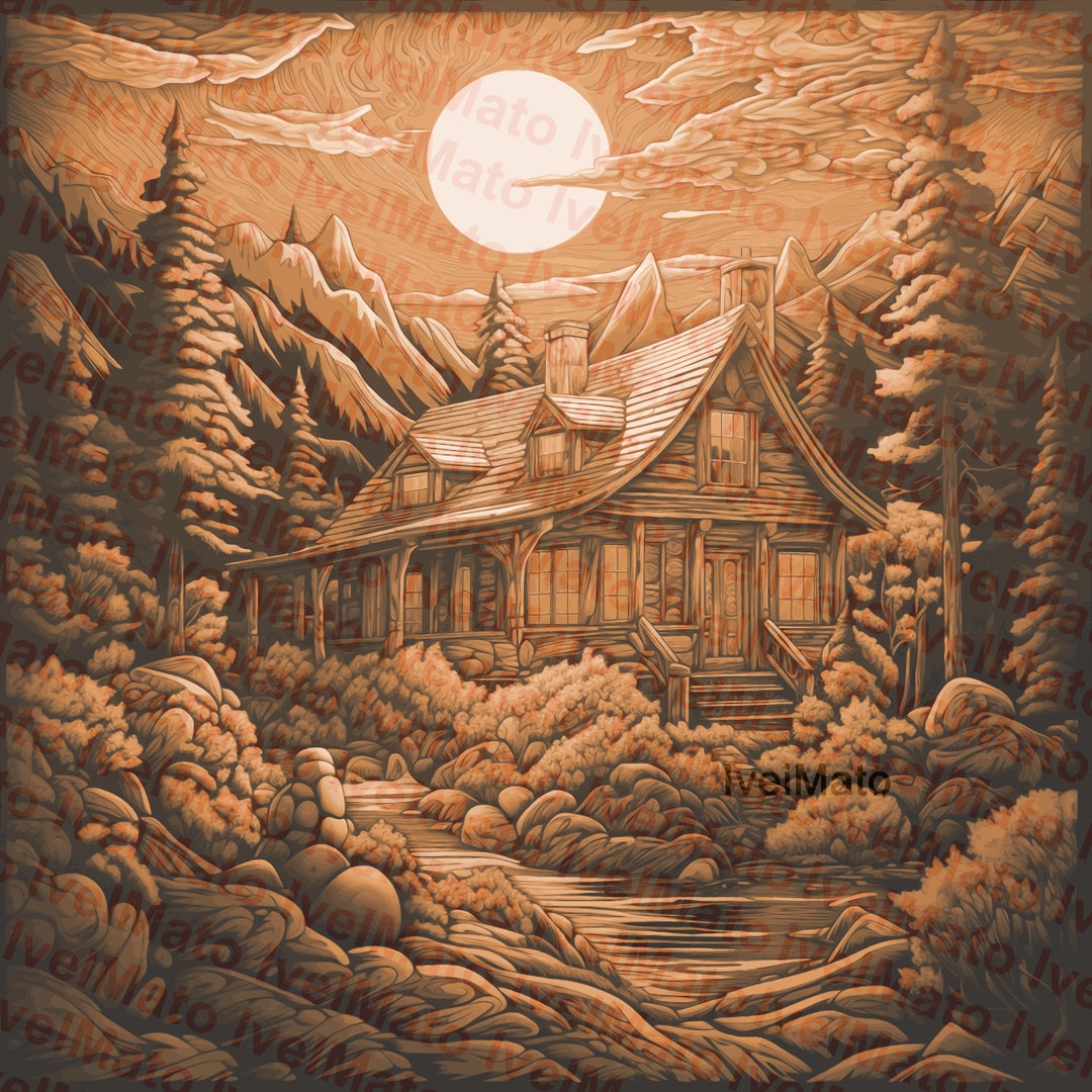 Laser Burn PNG | Cozy Mountain House Engraving PNG | Digital Design ...