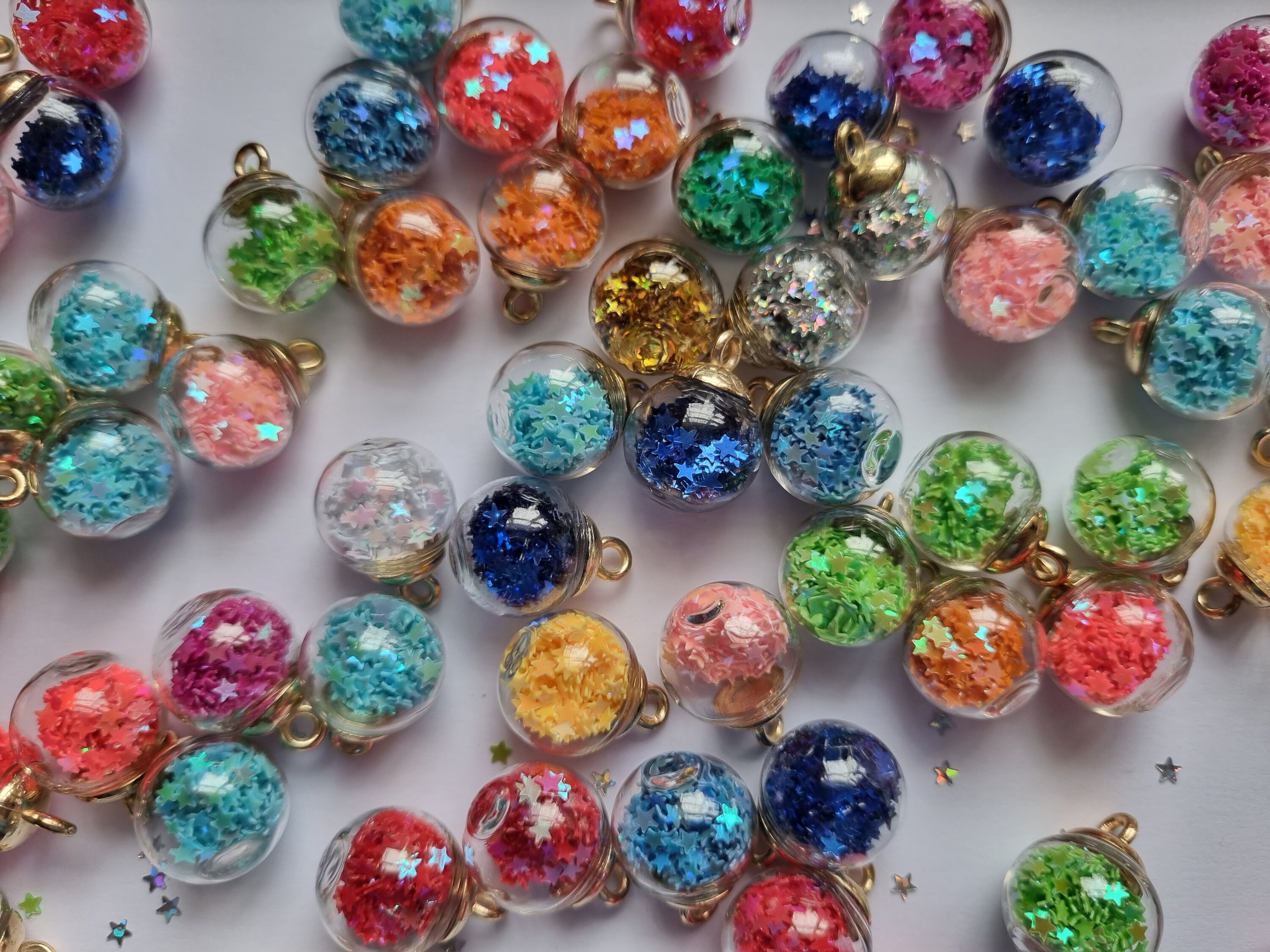 10 Glass Ball Charms,round Glass Ball With Sparkly Star Confetti,glass ...