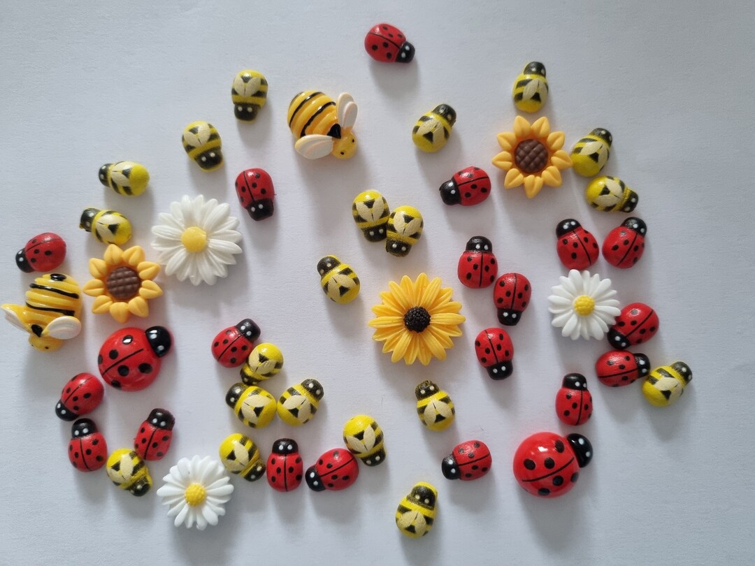 50 Mixed Adhesive Bees,ladybirds,flowers,wooden,resin Bees Flowers ...