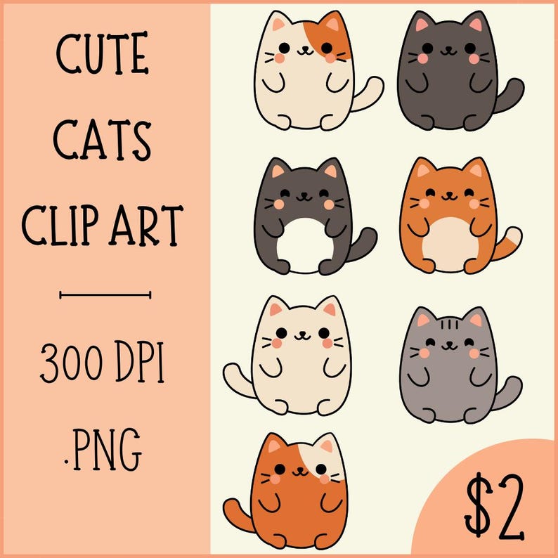 Cute Kawaii Cats Clip Art Cartoon Style Chubby Kittens - Etsy