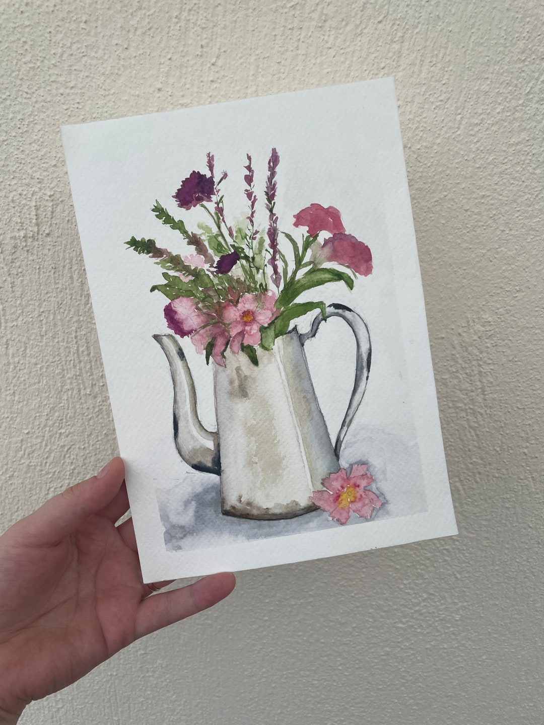 Original Watercolour Painting of Flowers in a Tin Jug - Etsy