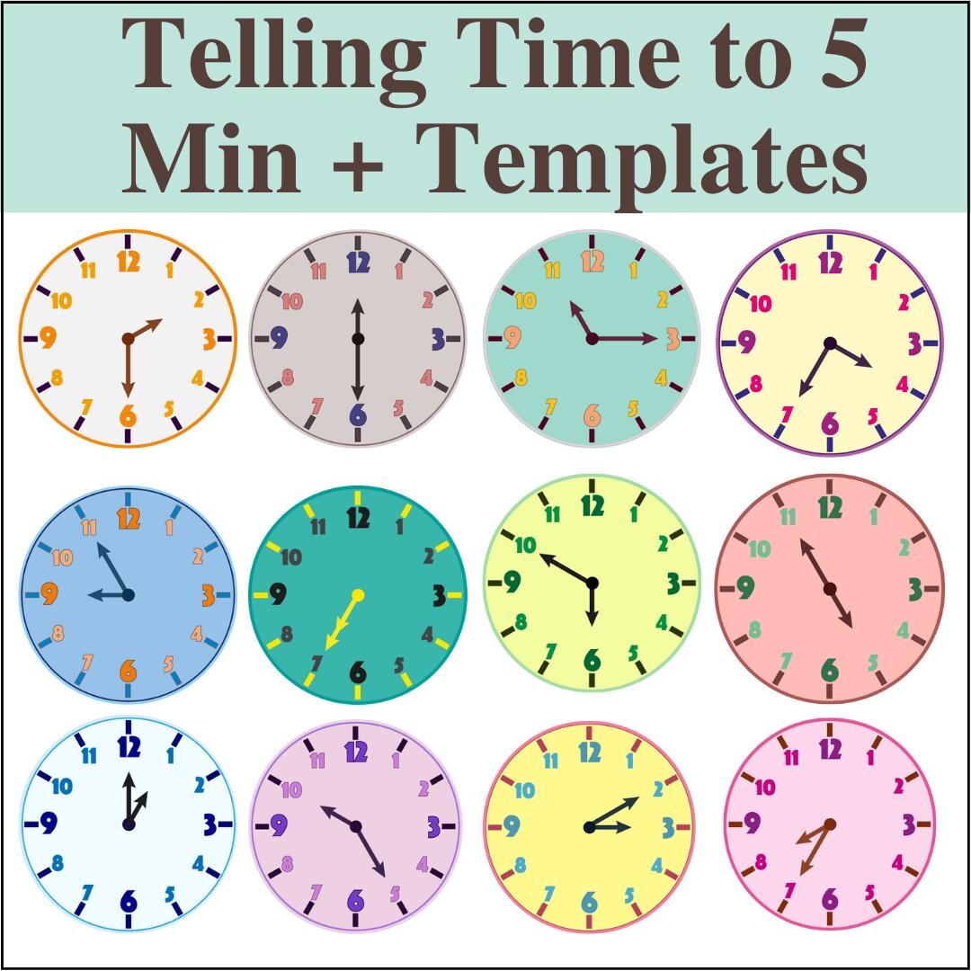Analog Clock Template Ready to Use Telling Time to 5 Mins Clip Art 12 ...