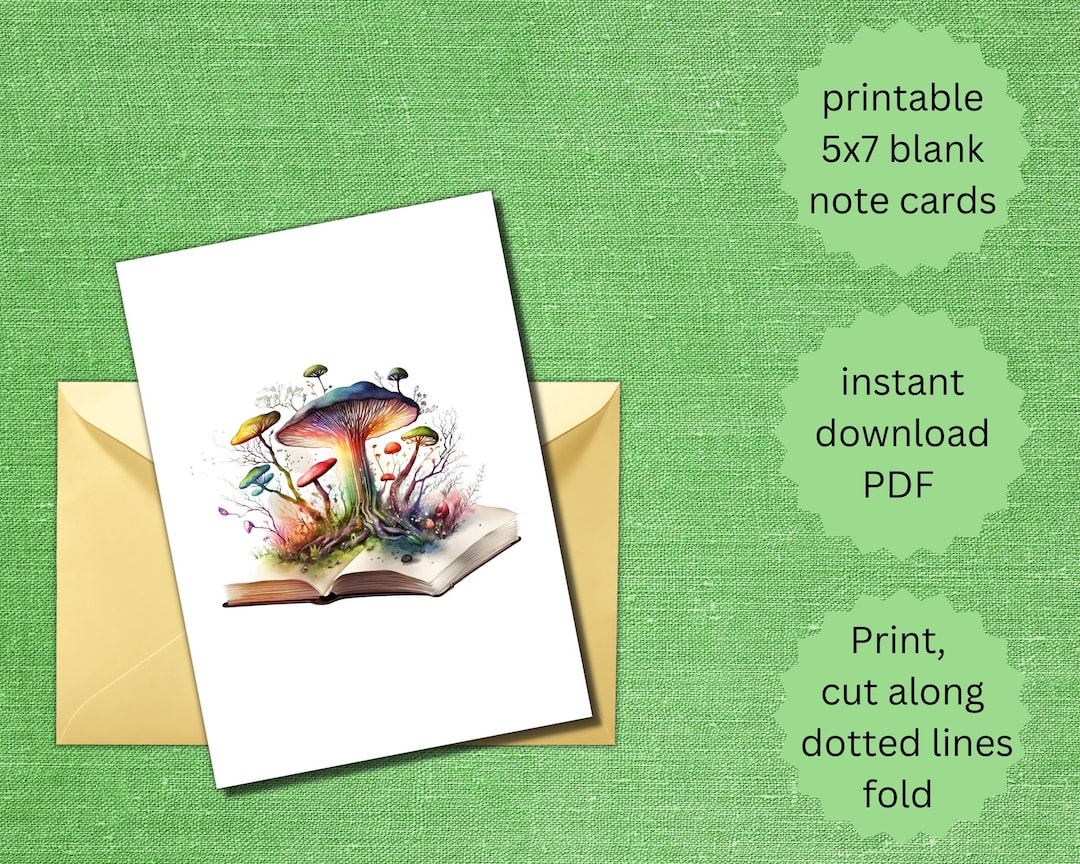 Set of Four Printable Blank Note Cards - Mushroom and Books Design ...