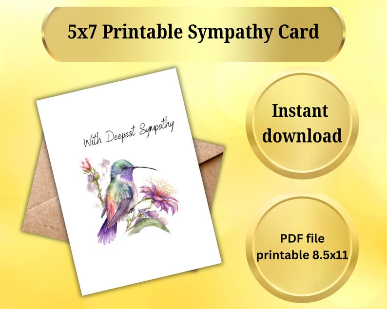 With Deepest Sympathy - 5x7 Printable Card - Hummingbird Design - Etsy