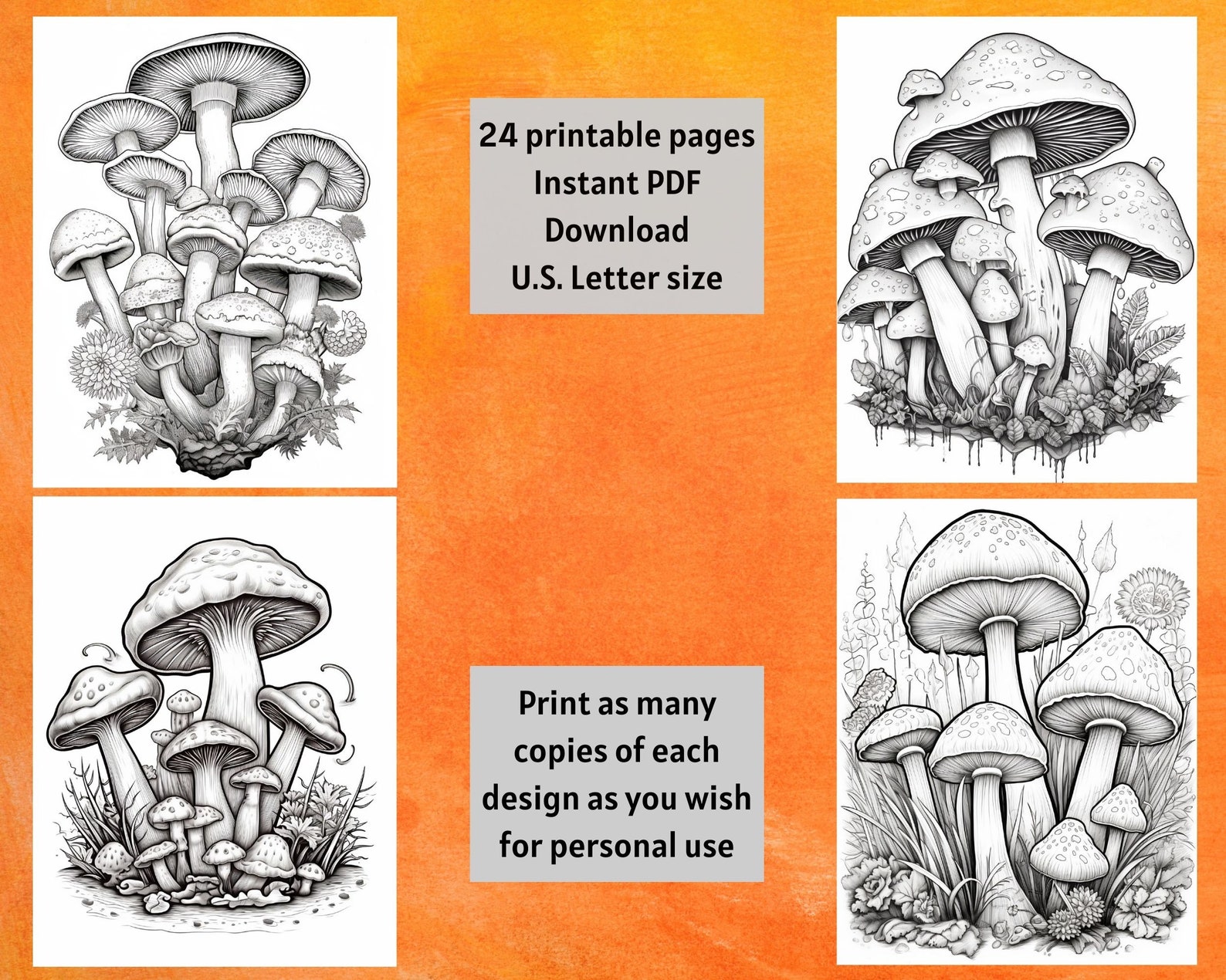 Mushroom Design Coloring Pages 24 Printable Pages Calming Adult ...