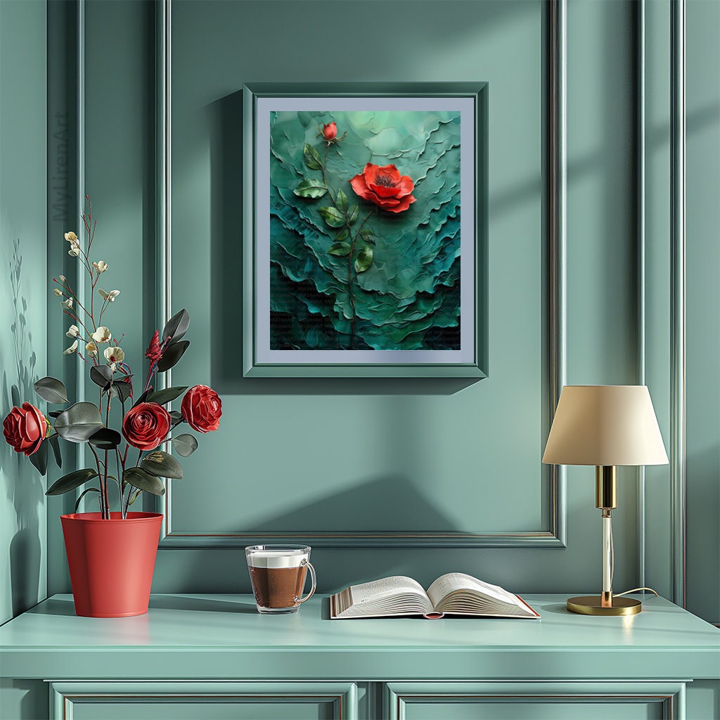 Abstract Painting With Red Rose in the Style of Dark Emerald Textured ...