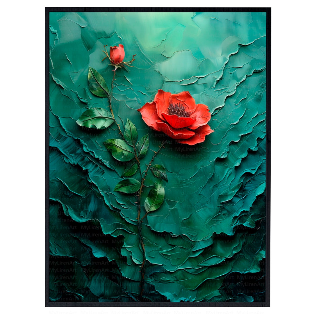 Abstract Painting With Red Rose in the Style of Dark Emerald Textured ...