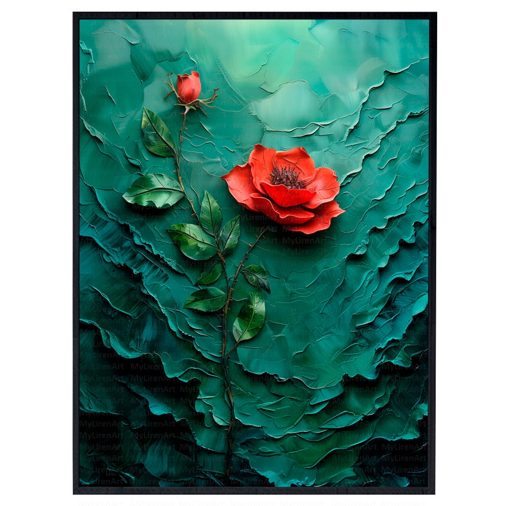 Abstract Painting With Red Rose in the Style of Dark Emerald Textured ...