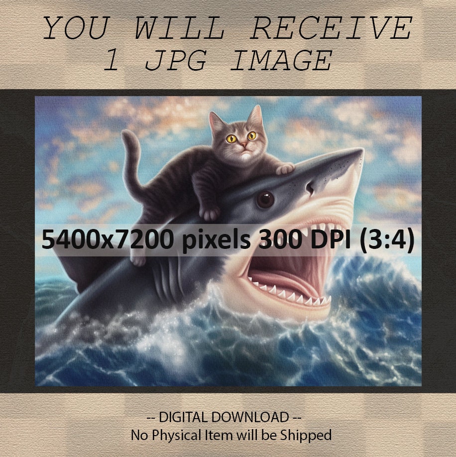 Kitty Surfin’ the Shark Wave - Cat Vs Shark Print Funny Cat Wall Art ...