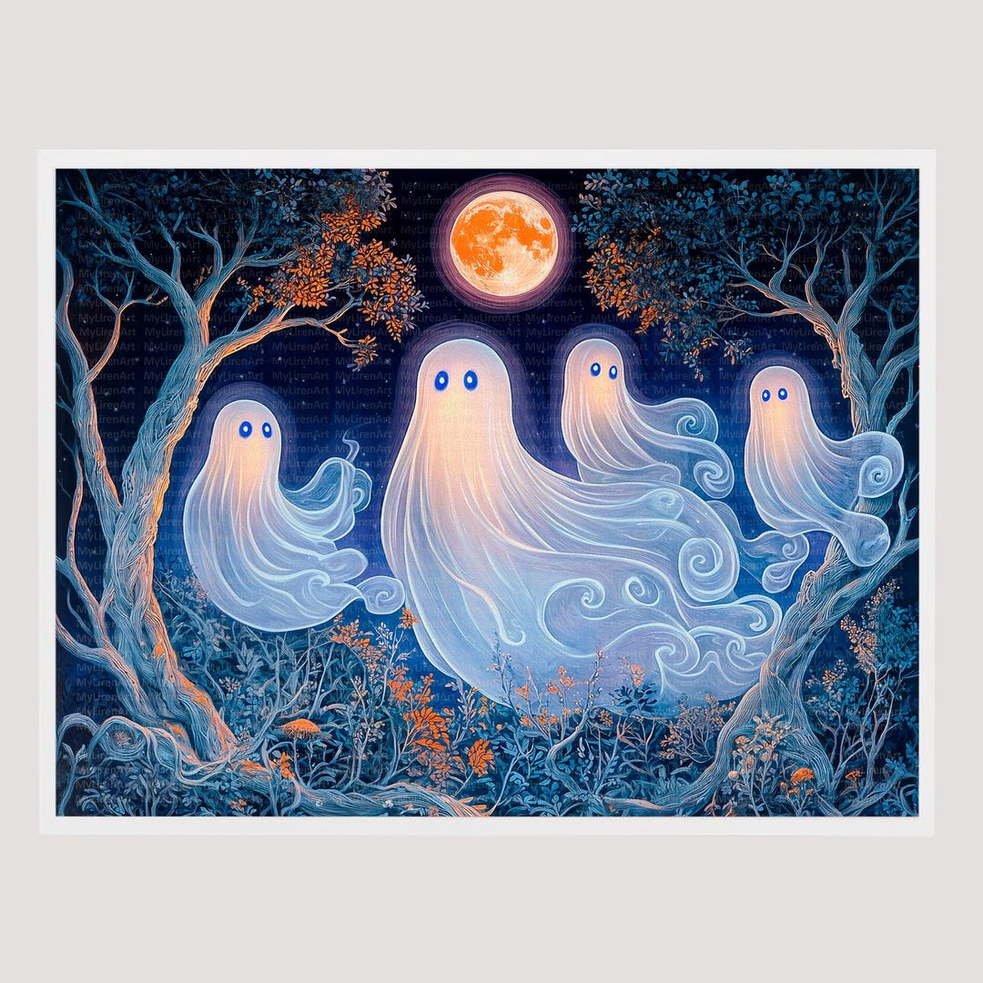 Haunting Ghosts in Enchanted Forest Meadow Art Print Spooky Fall Art ...