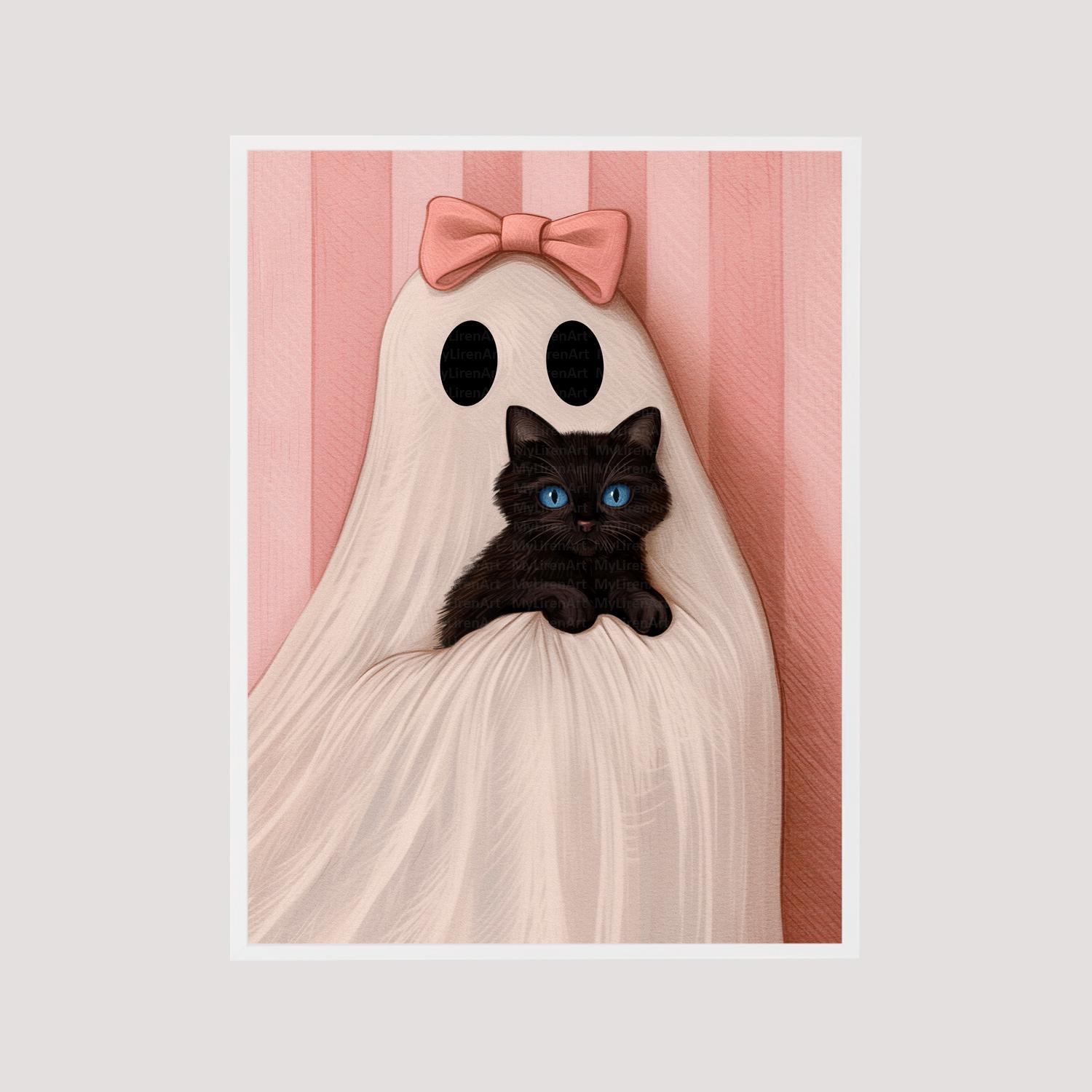 Ghost With Cat Wall Art Printable Pink Halloween Poster Cute Halloween ...