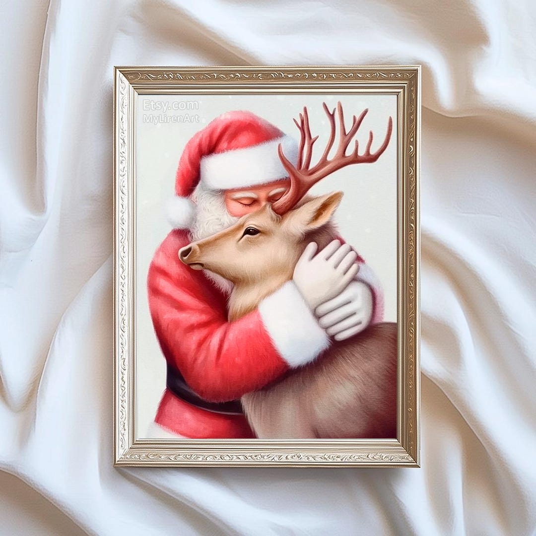 Santa With Reindeer Wall Art Christmas Wall Art Print Santa Painting ...