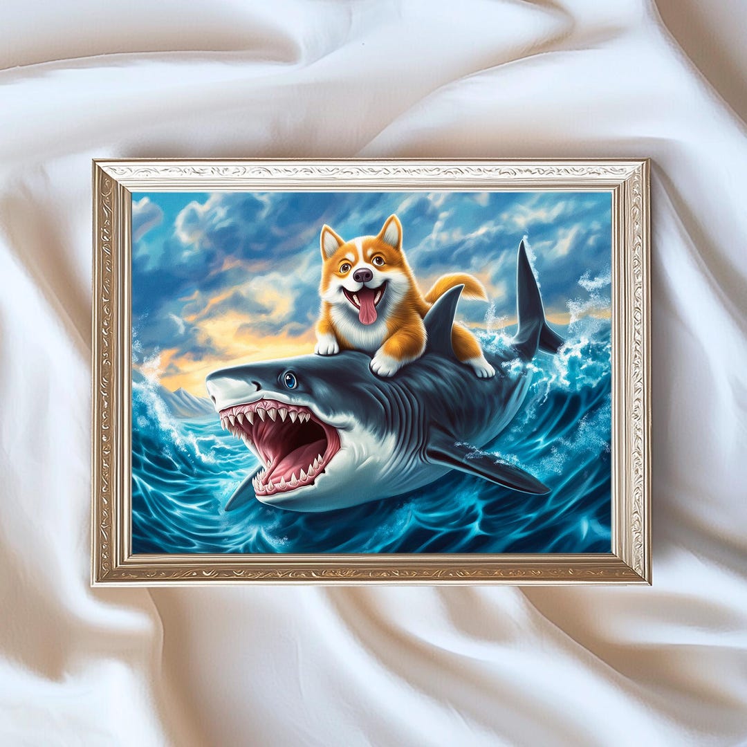 Corgi Dog Vs Shark Print Funny Animal Print Corgi Dog Painting Animal ...