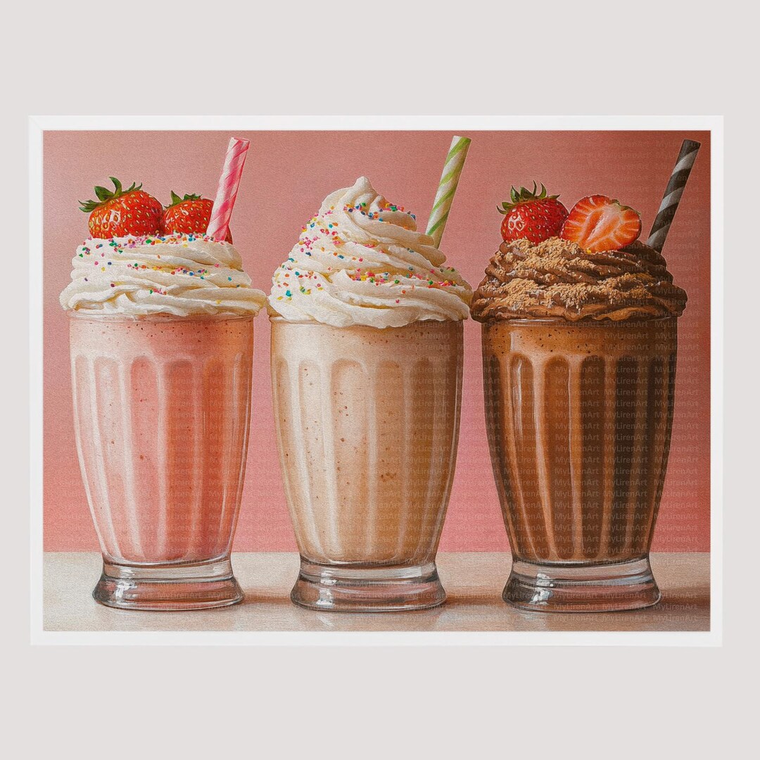 Retro Kitchen Poster With Milkshakes Wall Art Strawberry Milkshake ...