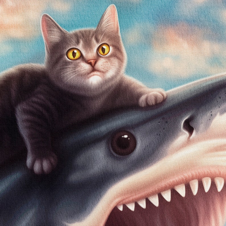 Kitty Surfin’ the Shark Wave - Cat Vs Shark Print Funny Cat Wall Art ...