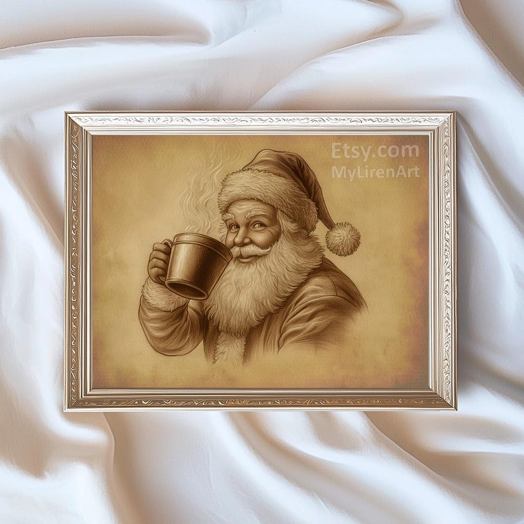 Vintage Christmas Drawing Santa Claus Coffee Print, Nostalgic Cottage ...