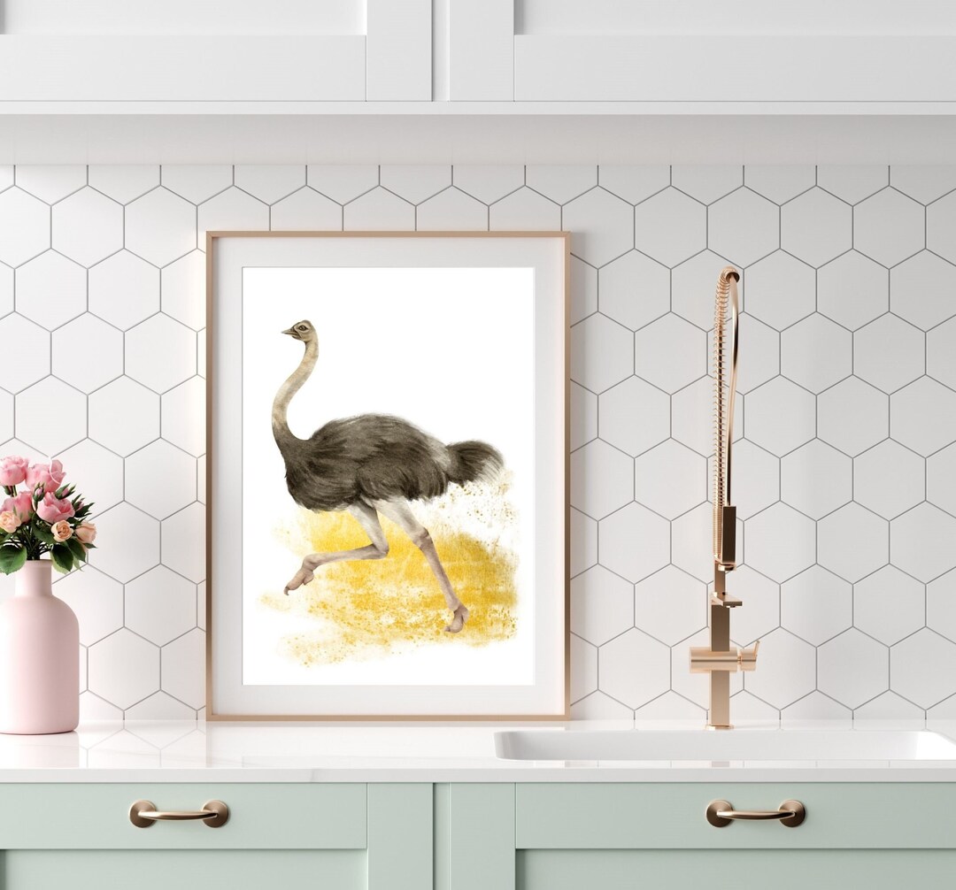 Ostrich Illustration, Printable Art, Modern Digital Wall Art, Yellow ...