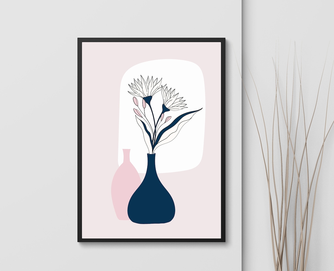 Boho Abstract Flower and Vase, Botanical Printable Wall Art, Pink, Navy ...