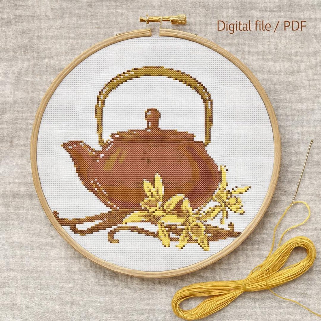 Teapot Cross Stitch Pattern PDF | Brown Tea Kettle With Flowers ...