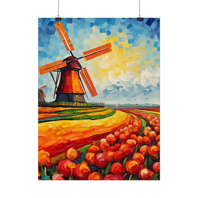 Tulip Fields Holland Poster, Dutch Windmill and Tulip Fields Poster ...