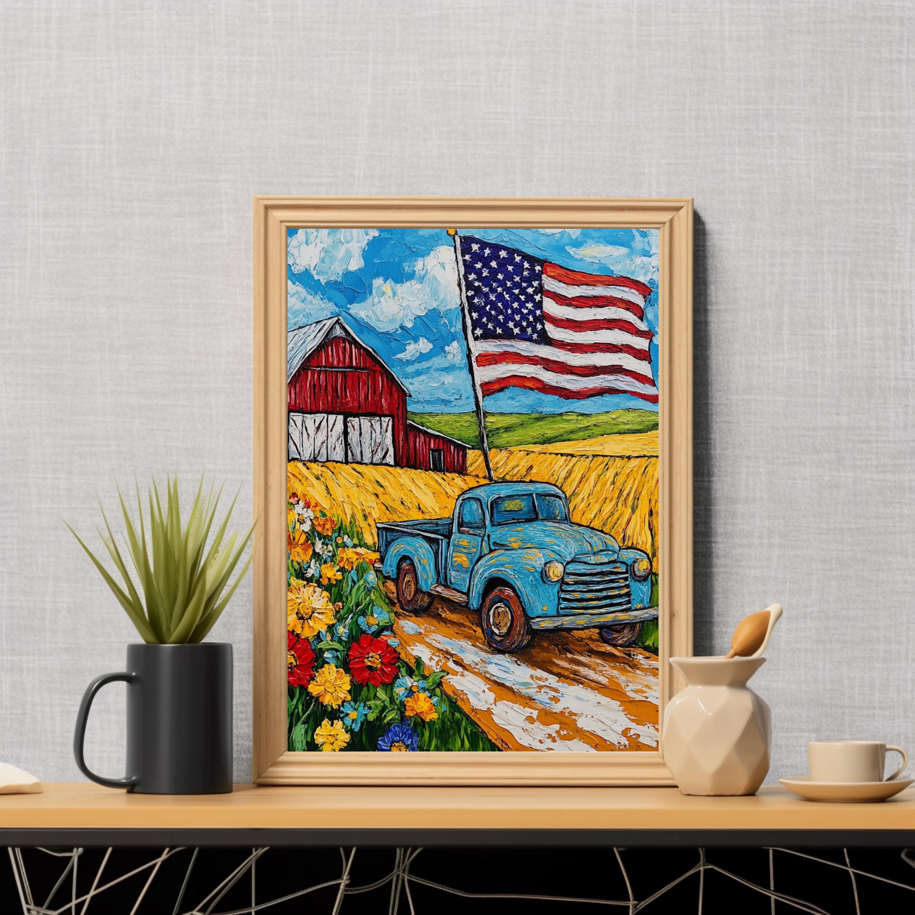 Rustic American Farmhouse Poster Art, Vintage Truck Decor, Americana ...
