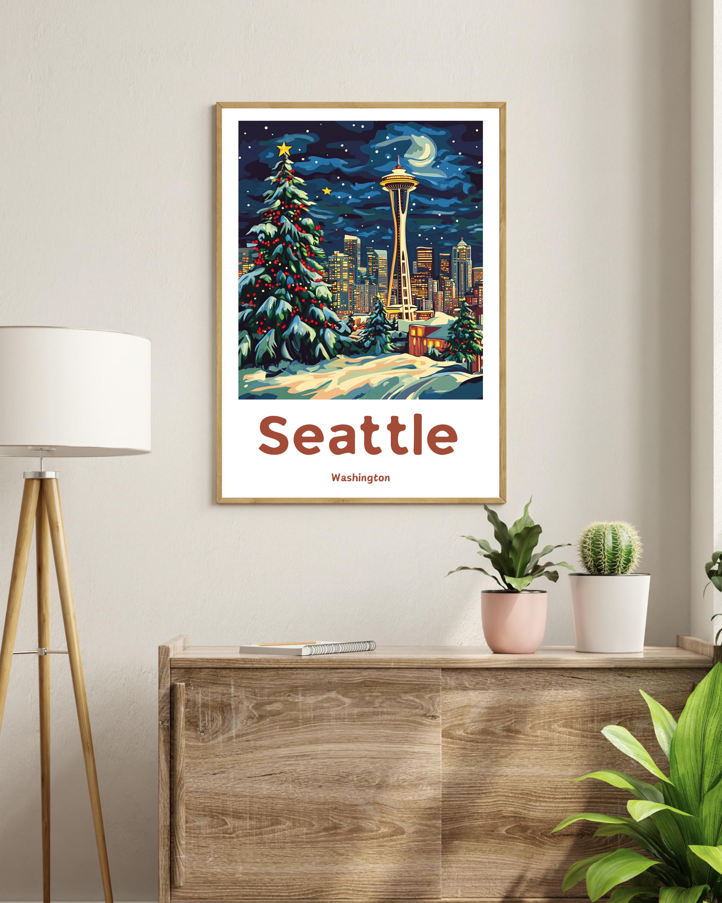 Seattle Winter Poster, Cozy Home Decor, Seattle Travel Art Print ...