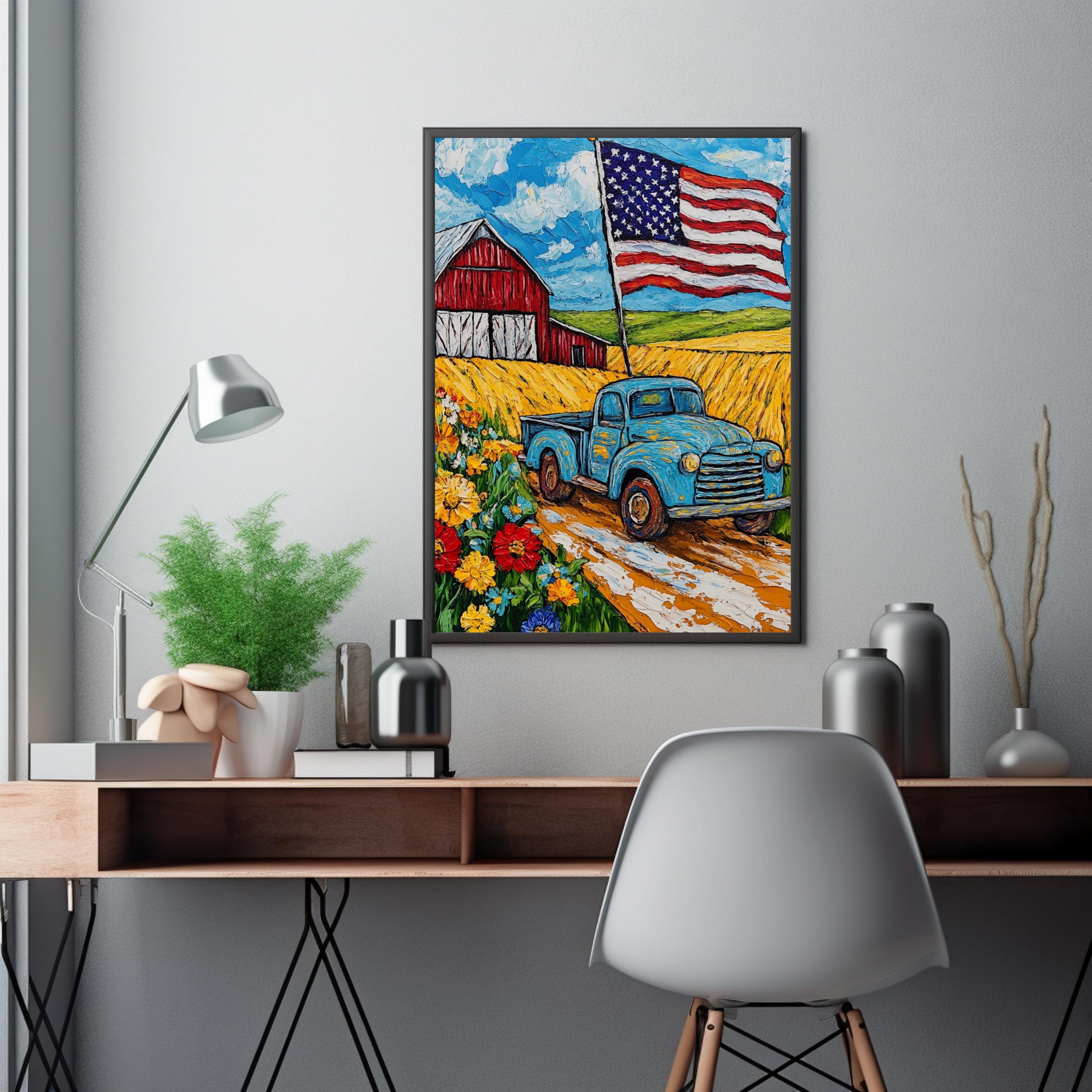 Rustic American Farmhouse Poster Art, Vintage Truck Decor, Americana ...