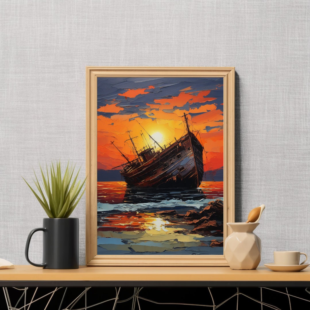Shipwreck Poster, Print of Beached Boat, Coastal Wall Decor, Nautical ...
