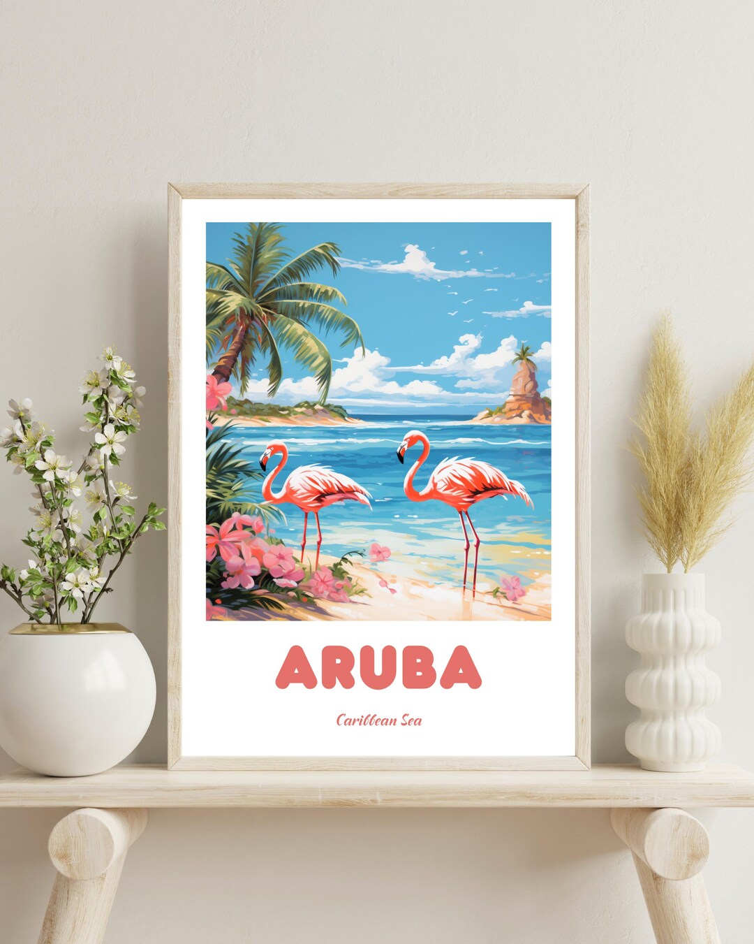 Aruba Poster, Aruba Traditional Travel Print, Aruba Flamingo Beach ...