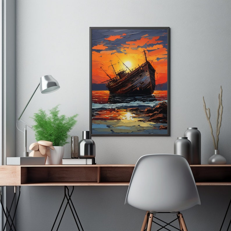 Shipwreck Poster, Print of Beached Boat, Coastal Wall Decor, Nautical ...