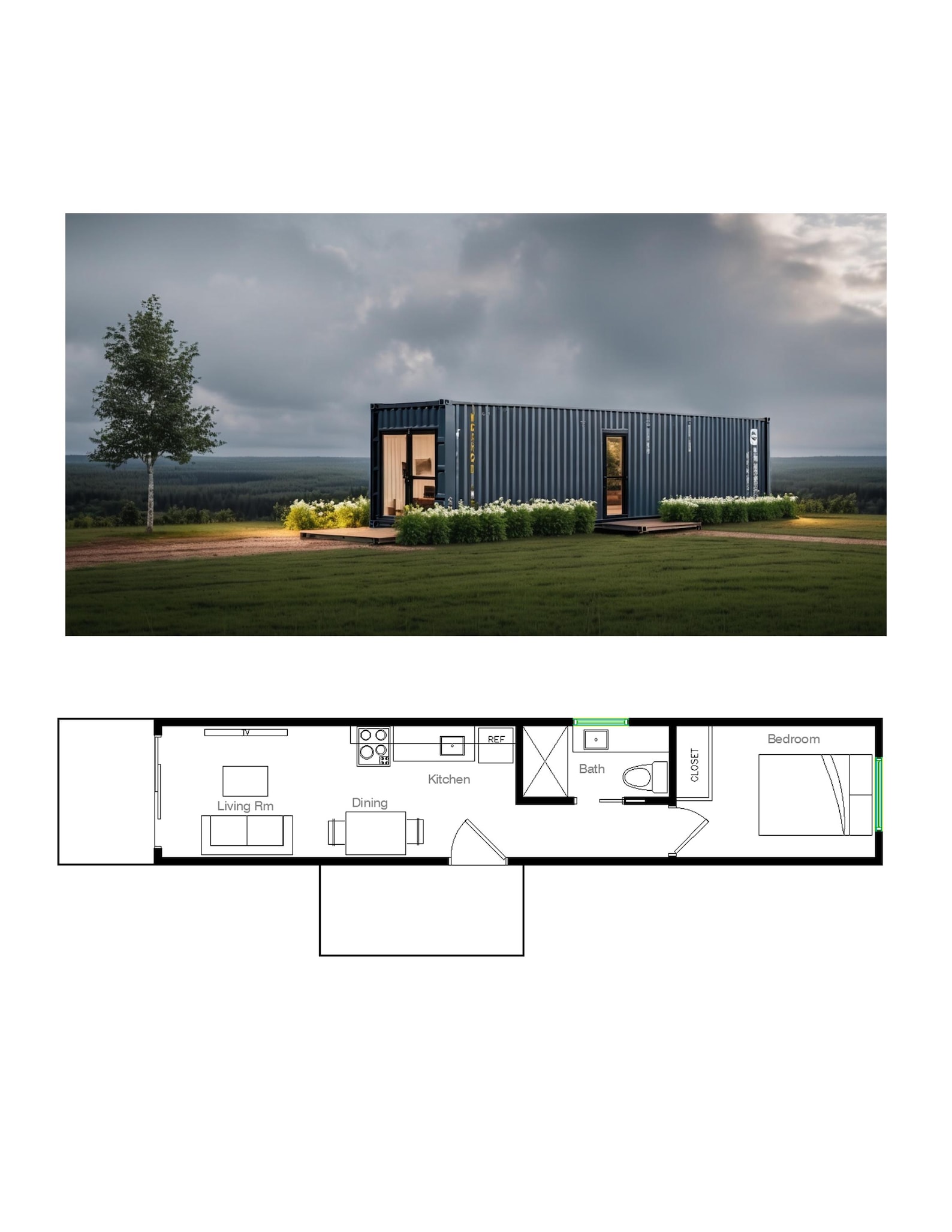 Shipping Container Floor Plan 1 Bedroom W/ 1 Bath (320SF) Floor Plan ...
