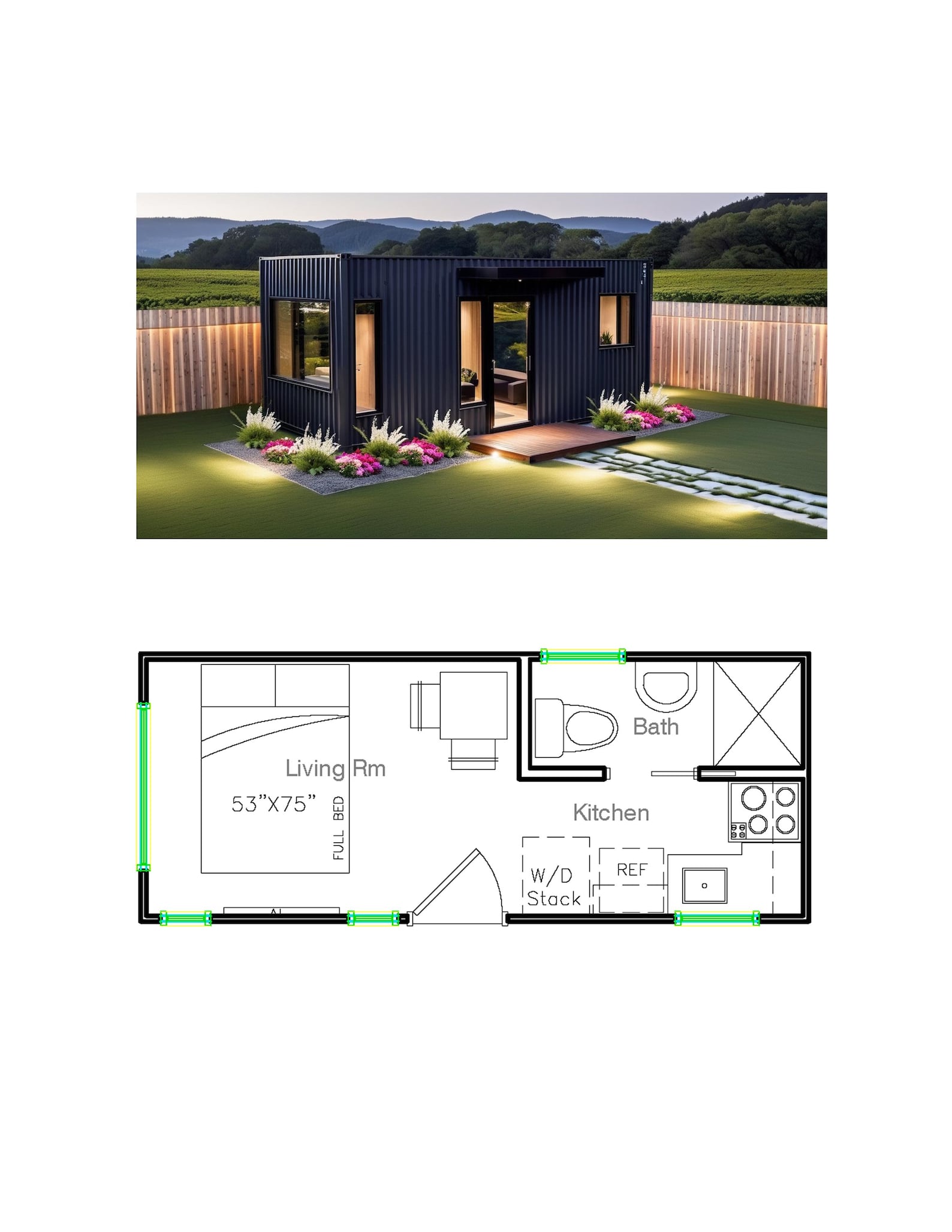 Shipping Container Floor Plan Studio W/ 1 Bath (160SF) Floor Plan ADU ...