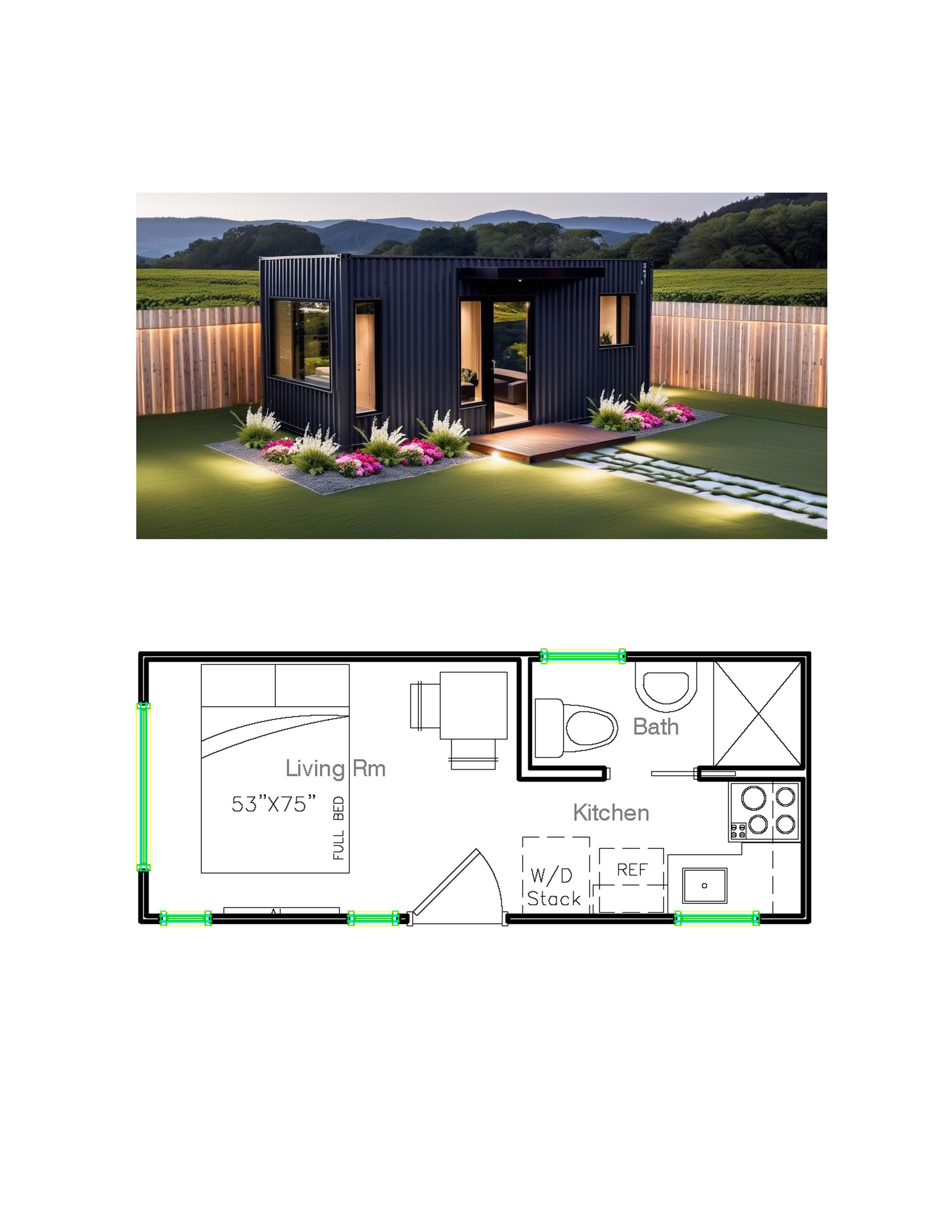 Shipping Container Floor Plan Studio W/ 1 Bath (160SF) Floor Plan ADU ...