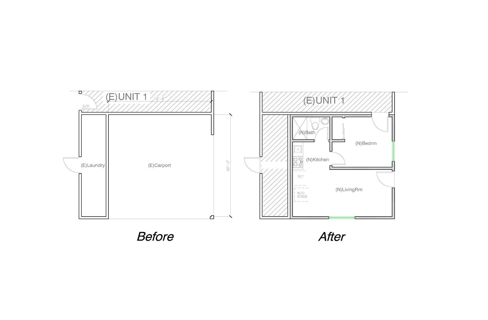 1 Bedroom 1 Bath (412SF) Carport Conversion to JADU Floor Plan Open ...