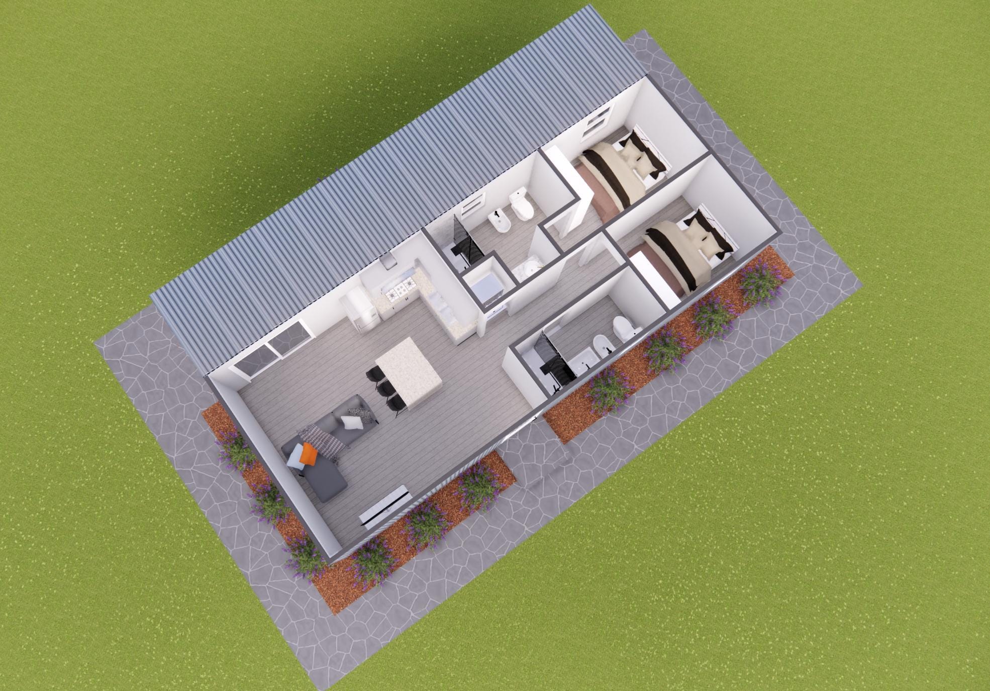 Shipping Container Floor Plan 2 Bedroom W/ 2 Bath (639SF) Floor Plan ...