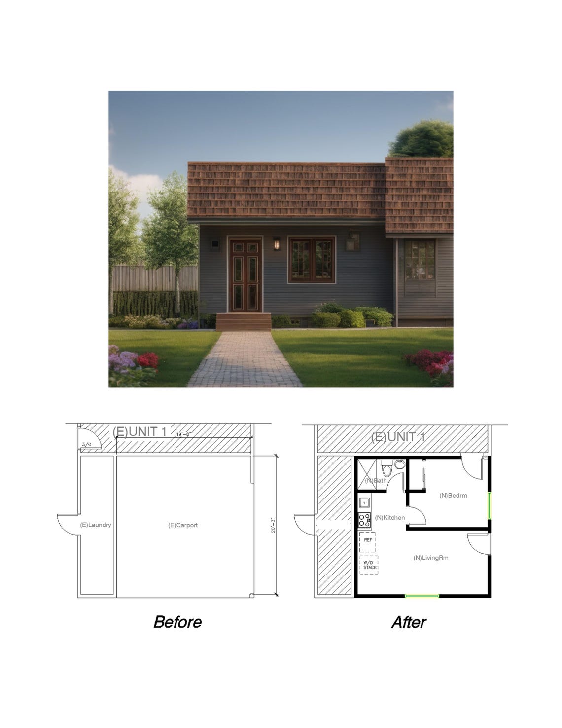 1 Bedroom 1 Bath (412SF) Carport Conversion to JADU Floor Plan Open ...