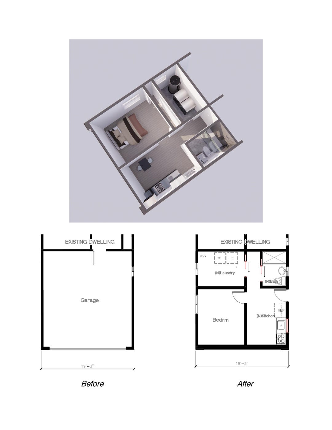 1 Bedroom 1 Bath (398SF) Garage Conversion to ADU or JADU Floor Plan ...